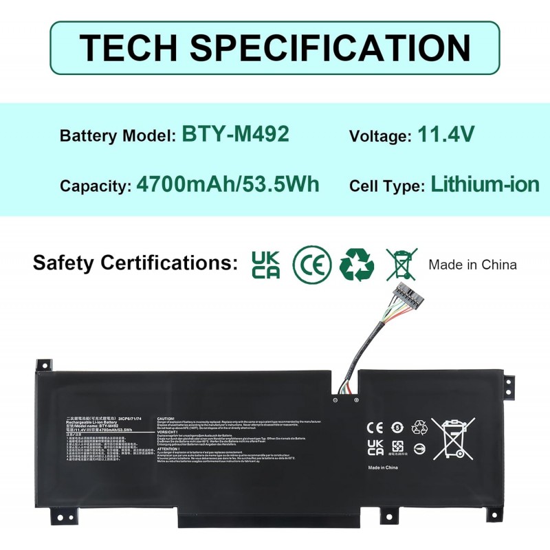 Bateria BTY M492 11.4V 53.5Wh para MSI Bravo 15 Sword 15 Katana GF66 ...